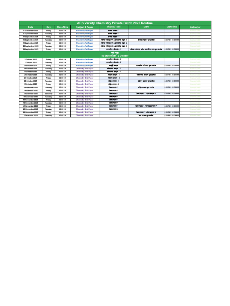 ACS Varsity Chemistry Private Batch 2025 Routine | PDF