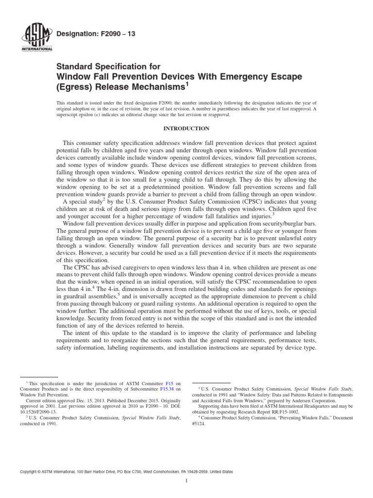 ASTM F2090 Window Fall Prevention Standards | PDF | Window | Door