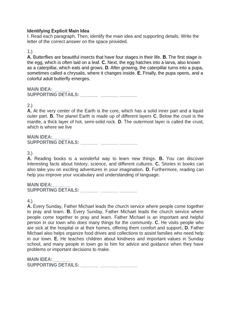 Main Idea and Supporting Details Guide | PDF | Pupa | Insects