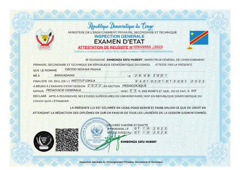 Attestation Gbodo Ndawa Patrick | PDF