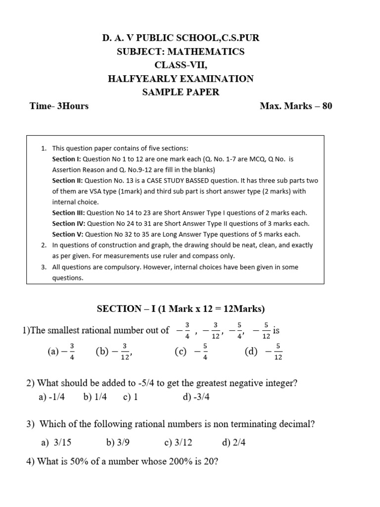 Class VII Mathematics Sample Paper | PDF | Numbers | Elementary Mathematics