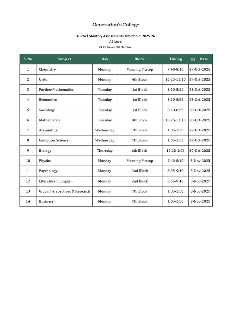 A2 Assessment Week Schedule - Oct 25 | PDF