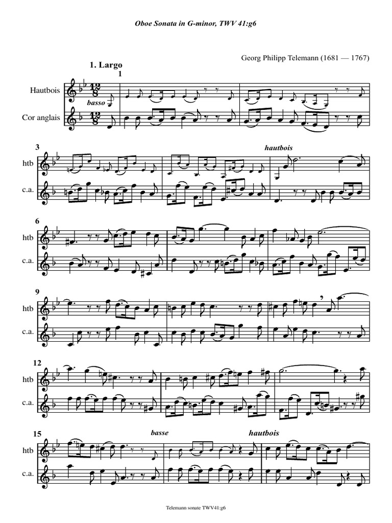 Telemann G. P. Oboe Sonata G-Moll TWV 41g6 | PDF | Woodwind Instruments
