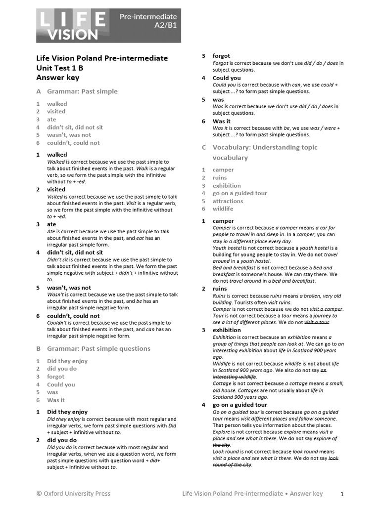 Life Vision B1 Unit Test 1 Answers | PDF | Syntax | Linguistic Morphology