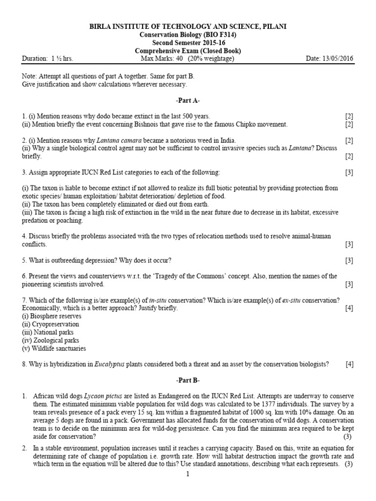 Conservation Biology Exam Paper 2016 | PDF | Conservation Biology | Ecology