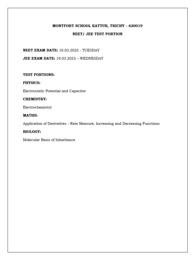 Xii C - Neet Jee Test Portions | PDF