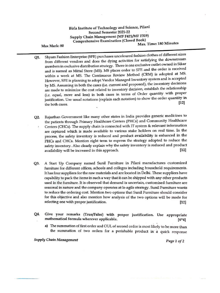 Supply Chain Management Question Paper | PDF