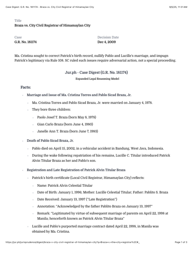 Case Digest G.R. No. 181174 Braza vs. City Civil Registrar of ...