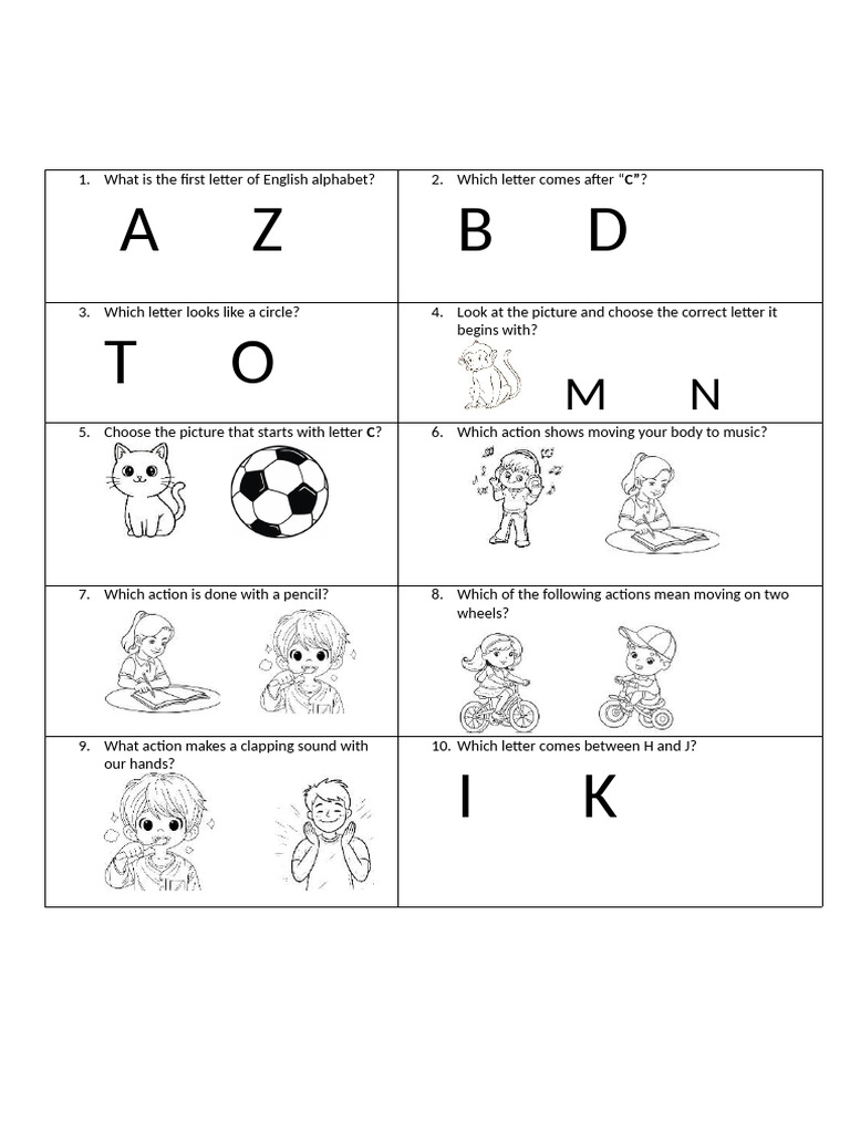 English Alphabet and Action Quiz | PDF