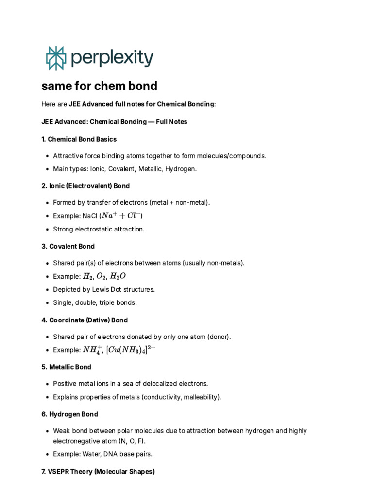 JEE Advanced Chemical Bonding Notes | PDF | Chemical Bond | Covalent Bond