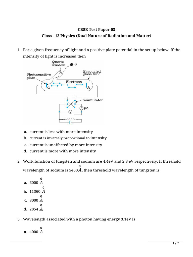 Class 12 Physics: Dual Nature Test Paper | PDF | Photoelectric Effect ...