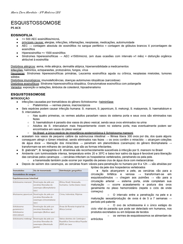 Esquistossomose: Causas e Patogênese | PDF | Imunologia | Medicina Clínica