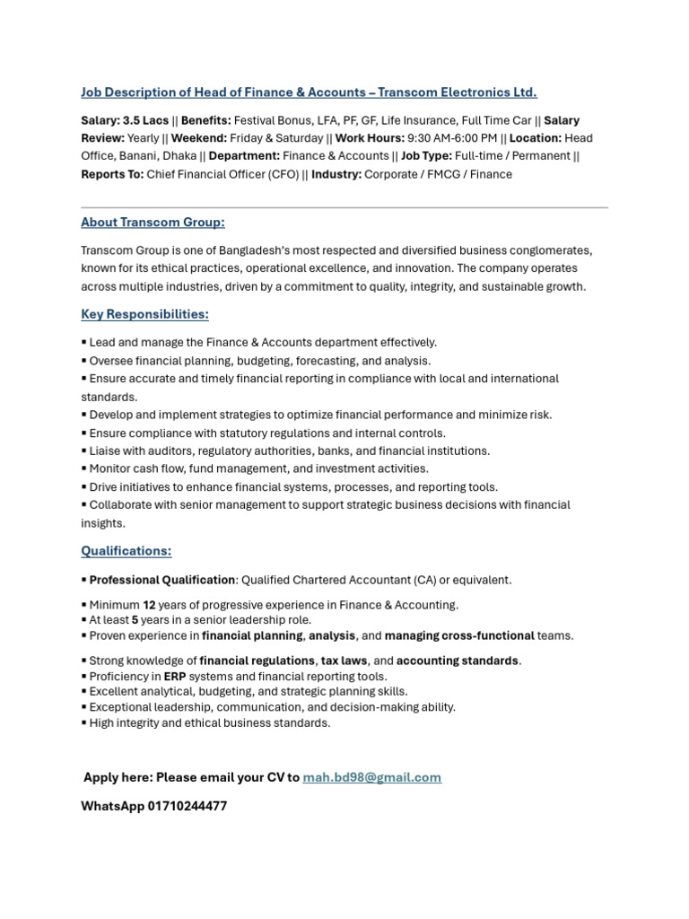 JD - Head of F&A - Transcom Electronics | PDF