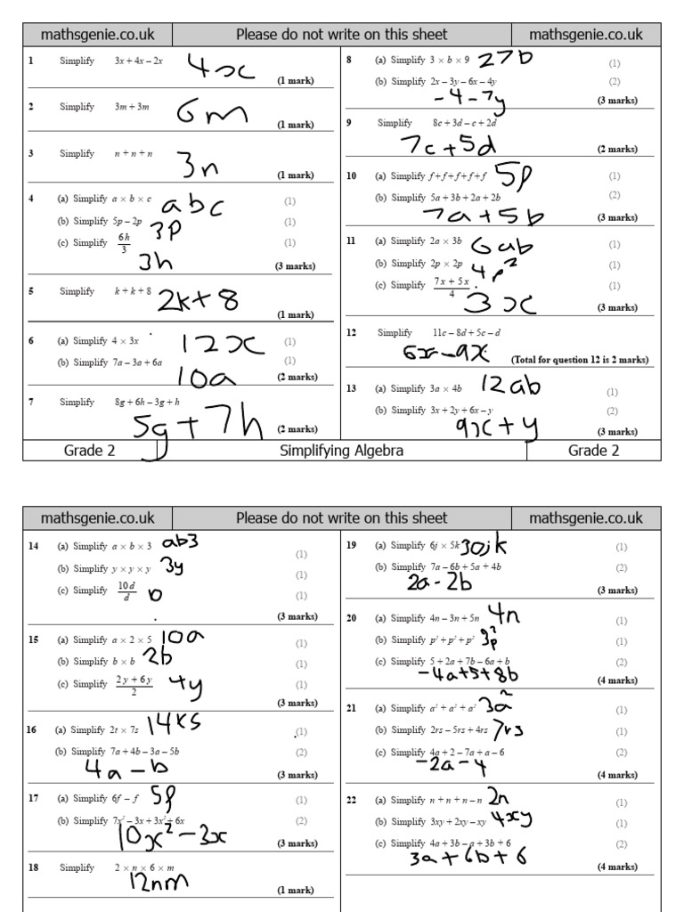 2 Simplifying Algebra Ws | PDF