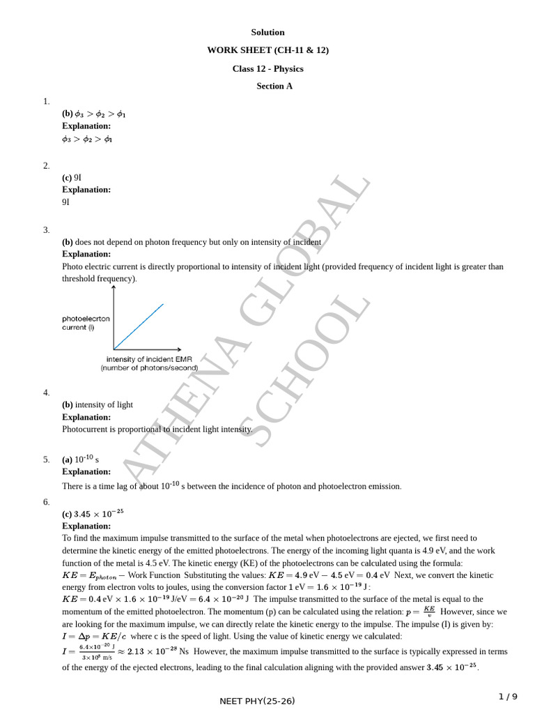 Solution Work Sheet Ch-11&12 For Grade Xii | PDF | Photoelectric Effect | Electronvolt