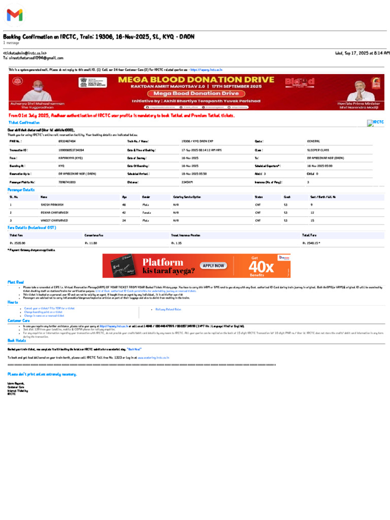 Gmail - Booking Confirmation On IRCTC, Train - 19306, 16-Nov-2025, SL ...