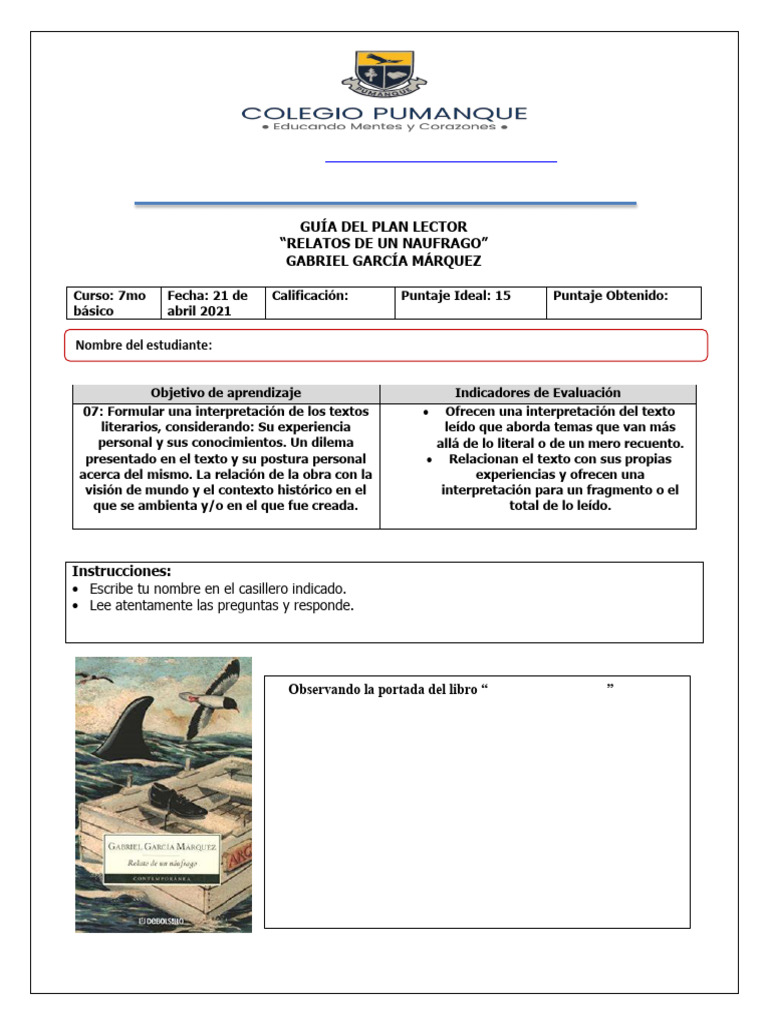 Guia n0 7 Plan Lector Na 4 Relatos de Un Naufrago Primer Trimestre | PDF