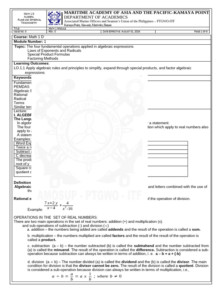 1 Math1 Module Fundamental Operations, Special Products, Factoring | PDF | Multiplication ...