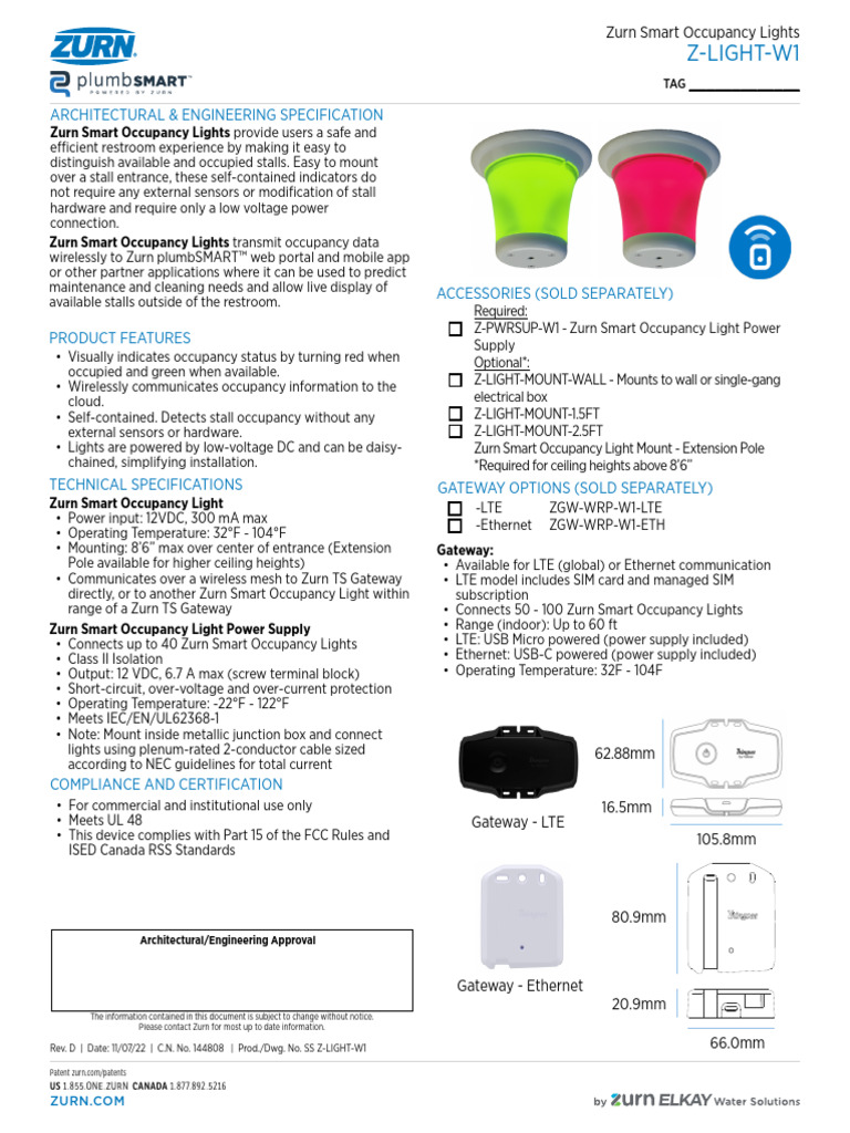 Zurn Smart Occupancy Light Spec Sheet | PDF | Electrical Engineering ...