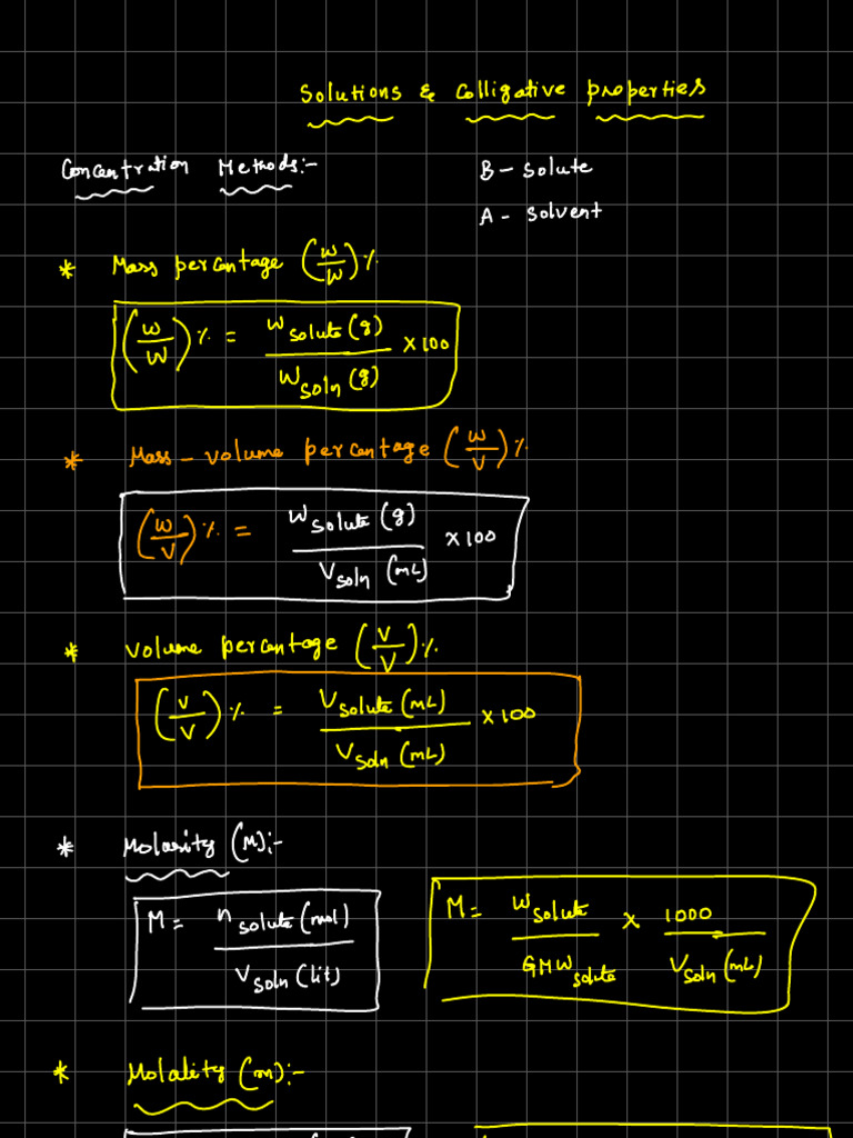 Solutions & Colligative Properties Formulae | PDF