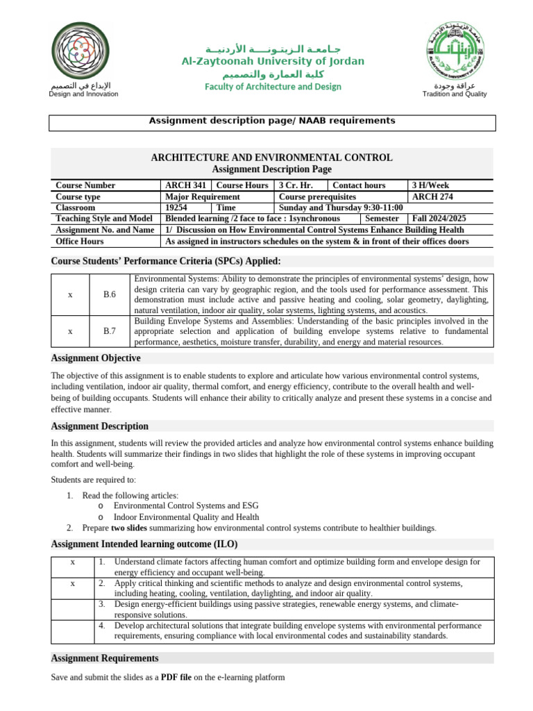 Discreption For Assignments - Architecture and Environmental Control ...