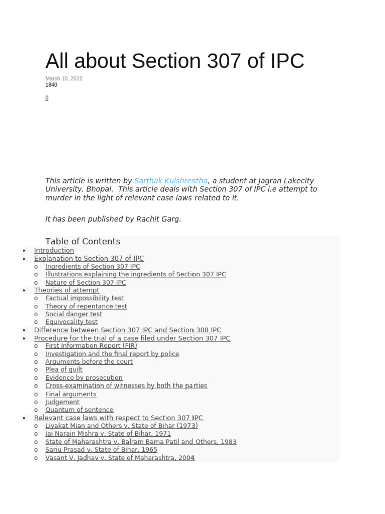 All About Section 307 of IPC | PDF | Crimes | Crime & Violence