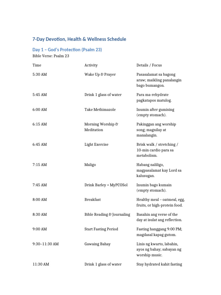 7-Day Devotion Health Wellness Schedule | PDF | Meal | Prayer