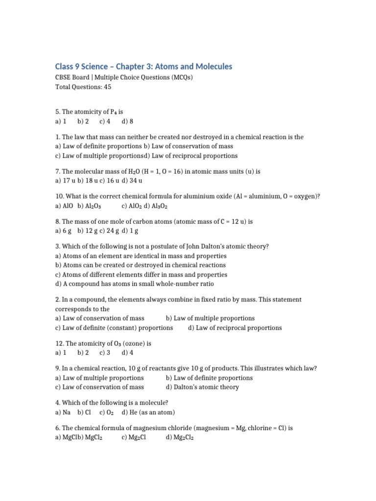 Class9 Science Ch3 Atoms and Molecules Shuffled | PDF | Atoms | Molecules