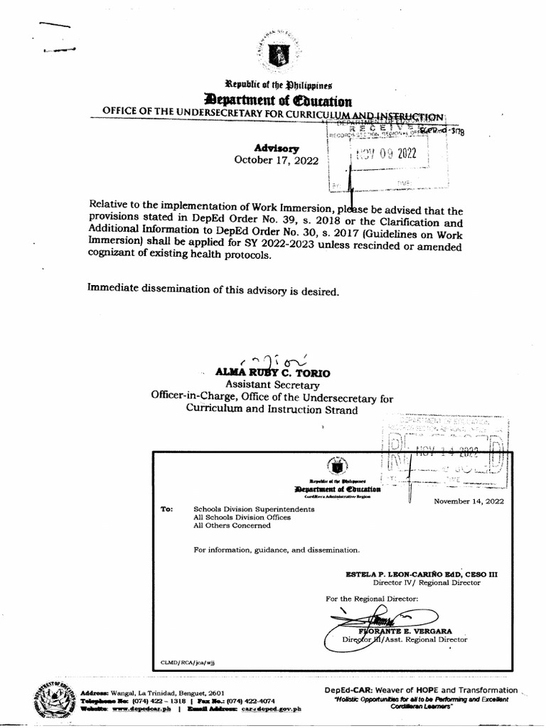 Advisory Implementation of Work Immersion 0 | PDF