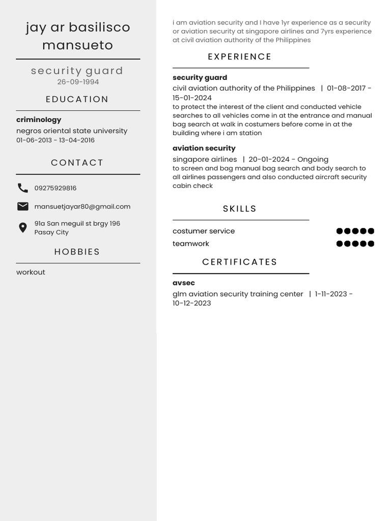 Jay Ar Basilisco Mansueto: Security Guard | PDF