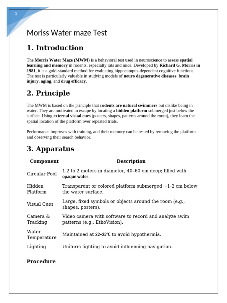 Moriss Water Maze Test | PDF | Mental Processes | Brain