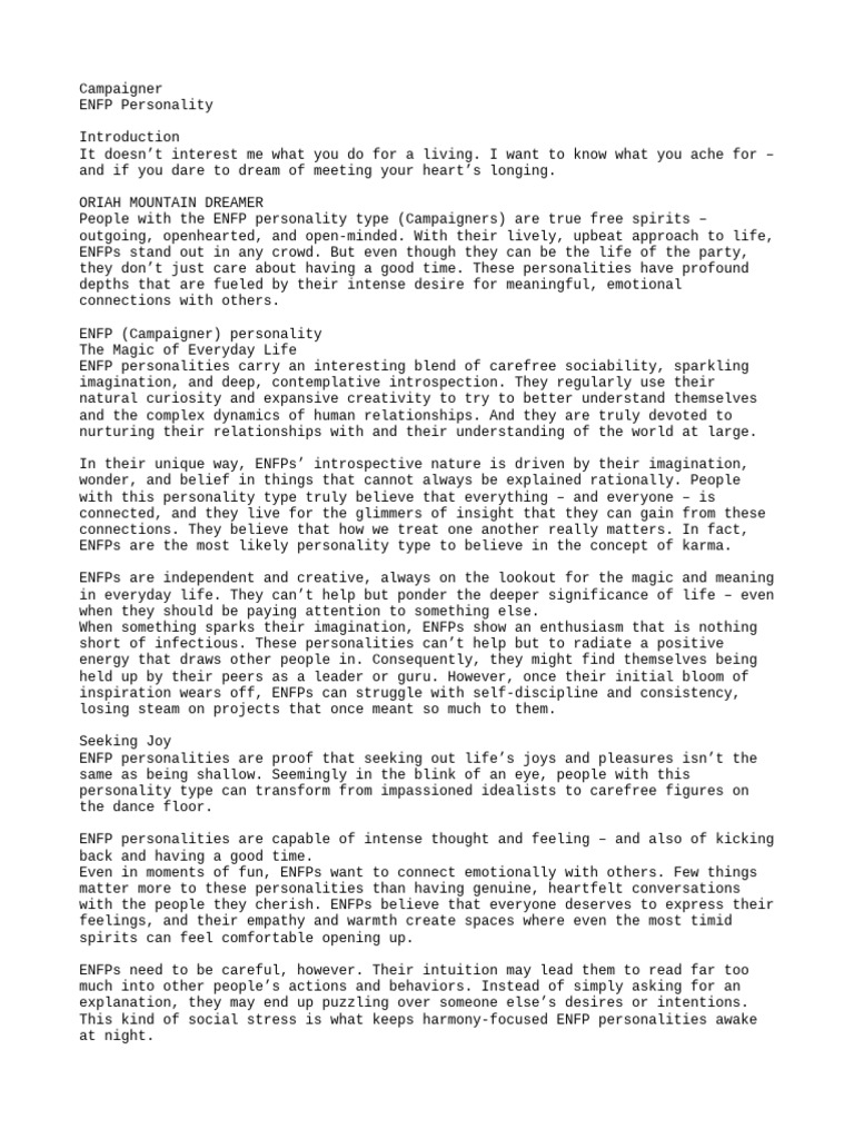 ENFP Personality Campaigner | PDF | Creativity | Love