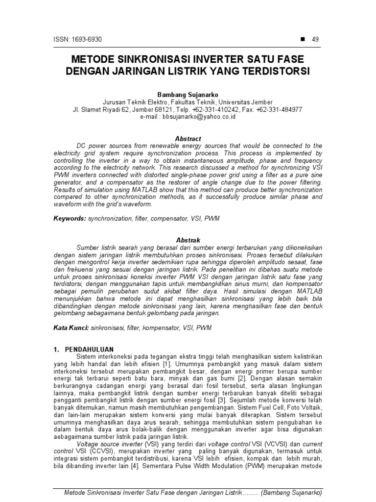 Metode Sinkronisasi Inverter Satu Fase Dengan Jaringan Listrik Yang ...