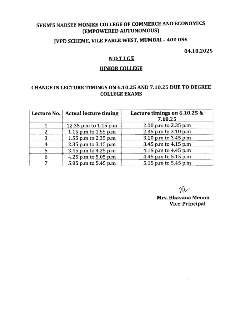 Lecture Timings of 6th and 7th October 2025 | PDF