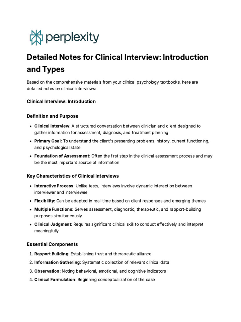 Detailed Notes For Clinical Interview - Introduct | PDF | Mental ...