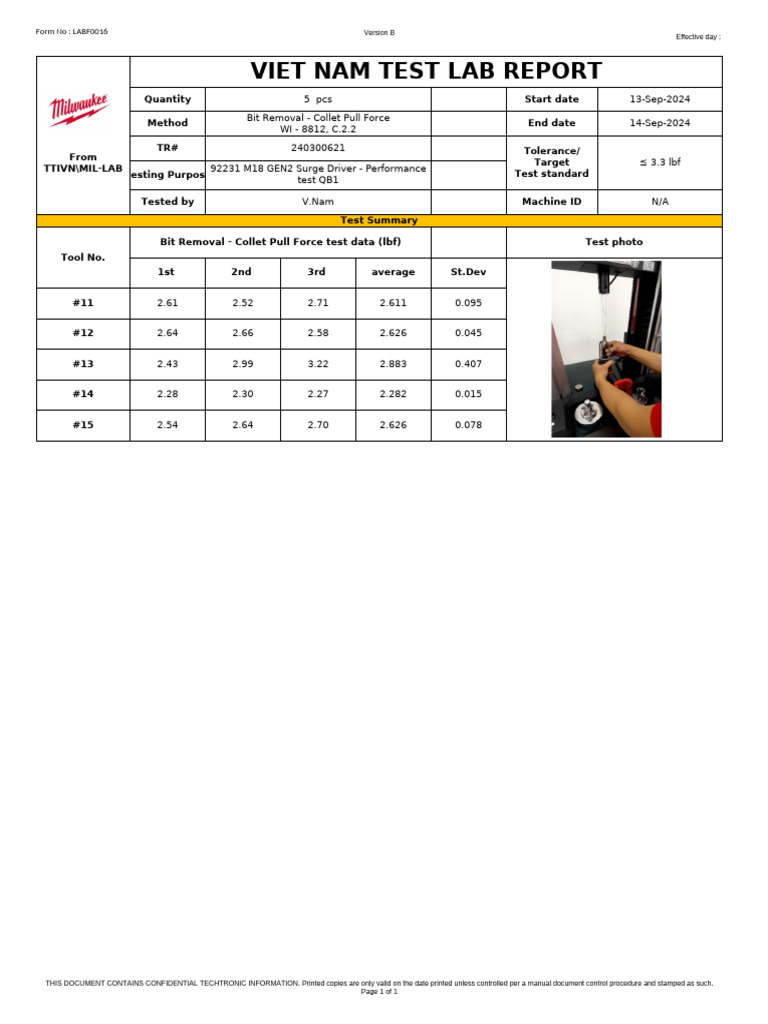 Vietnam Lab Report: Collet Pull Force Test | PDF | Computing