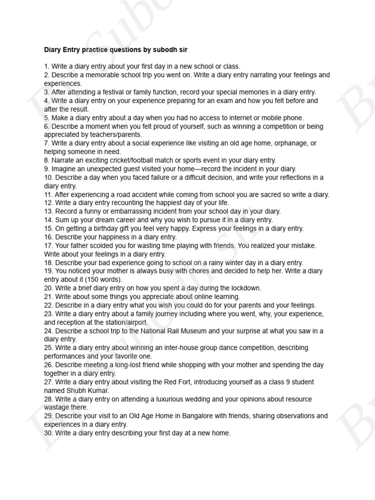 Diary Entry Practice Questions | PDF