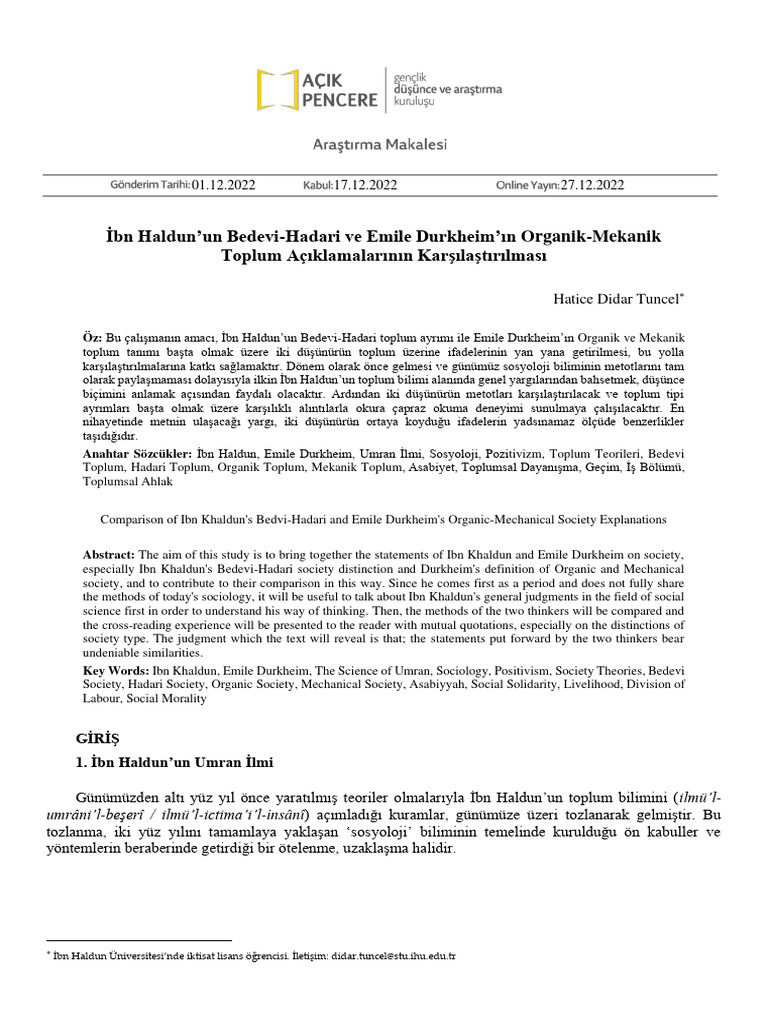 Ibn Haldunun Bedevi Hadari Ve Emile Durk | PDF