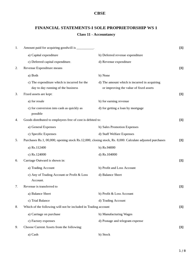 Financial Statements-I Sole Proprietorship WS 1 | PDF | Expense ...