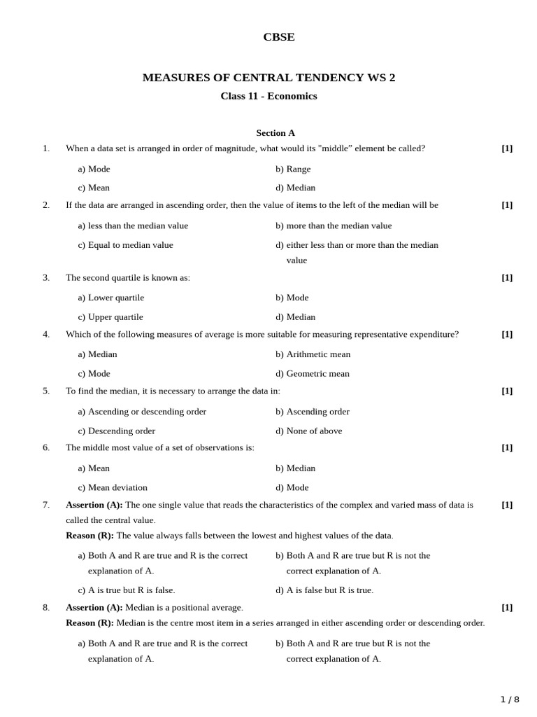 Central Tendency Measures for Class 11 | PDF | Mean | Median
