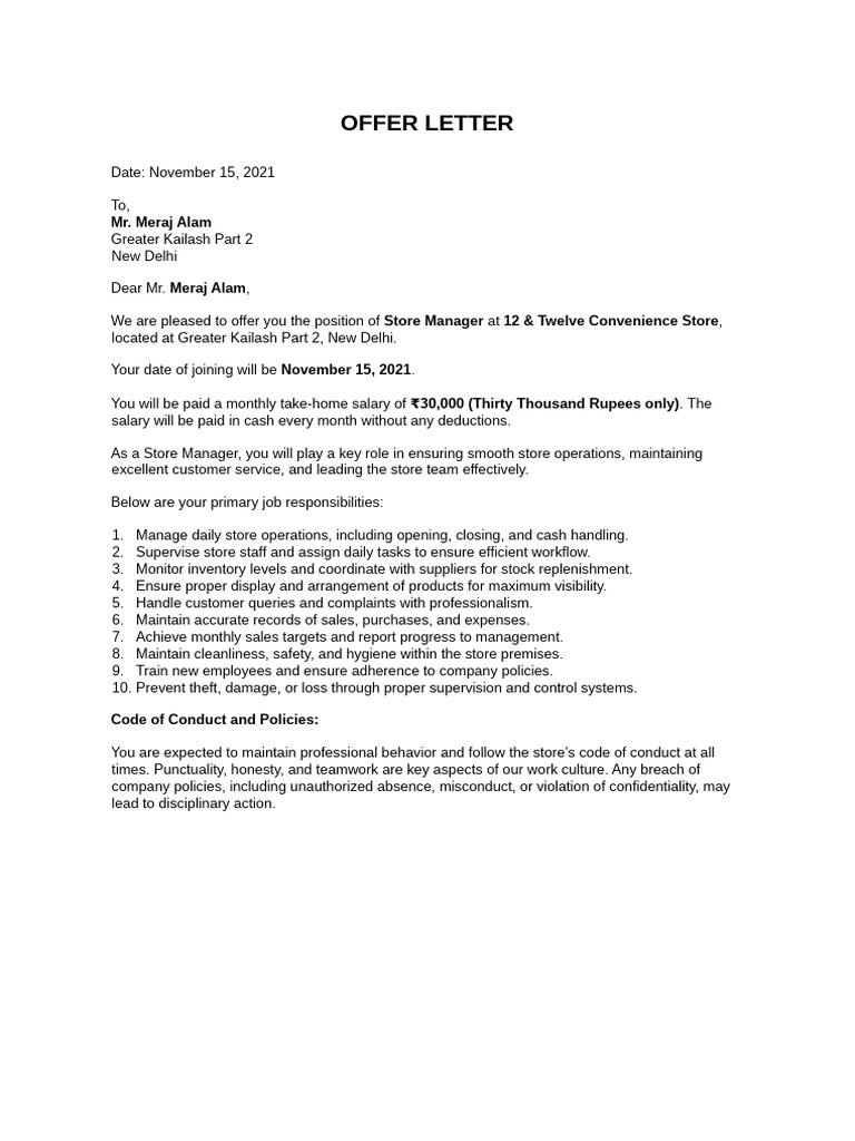 Store Manager Offer Letter Template | PDF