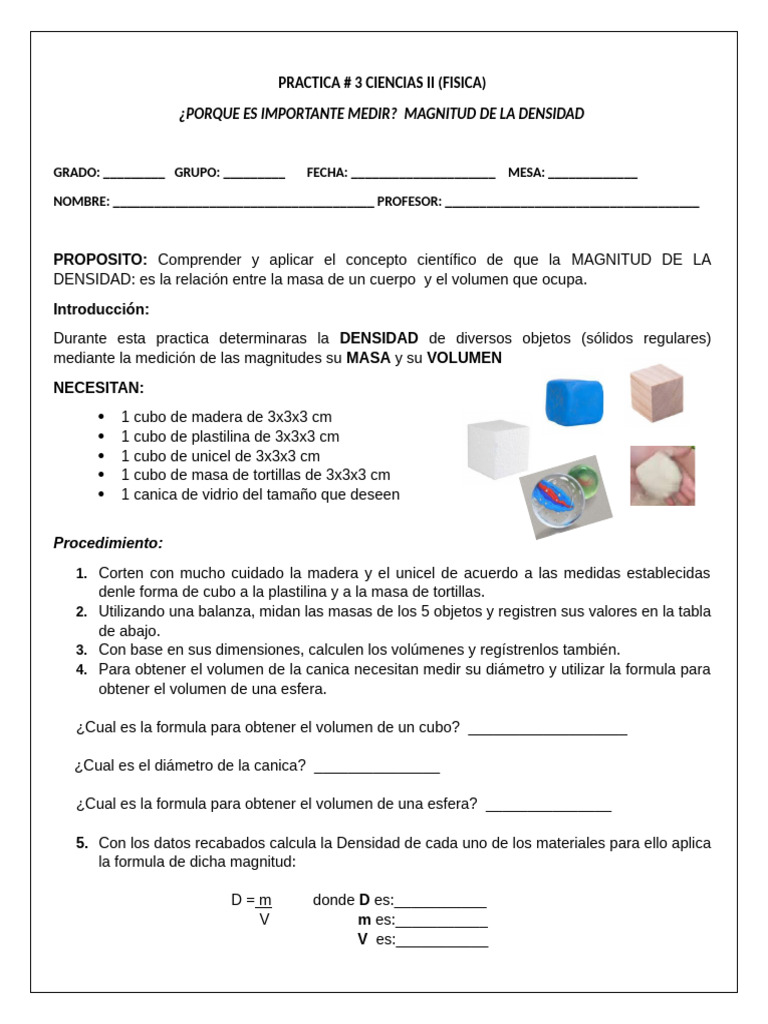 Práctica de Densidad en Física | PDF | Densidad | Volumen