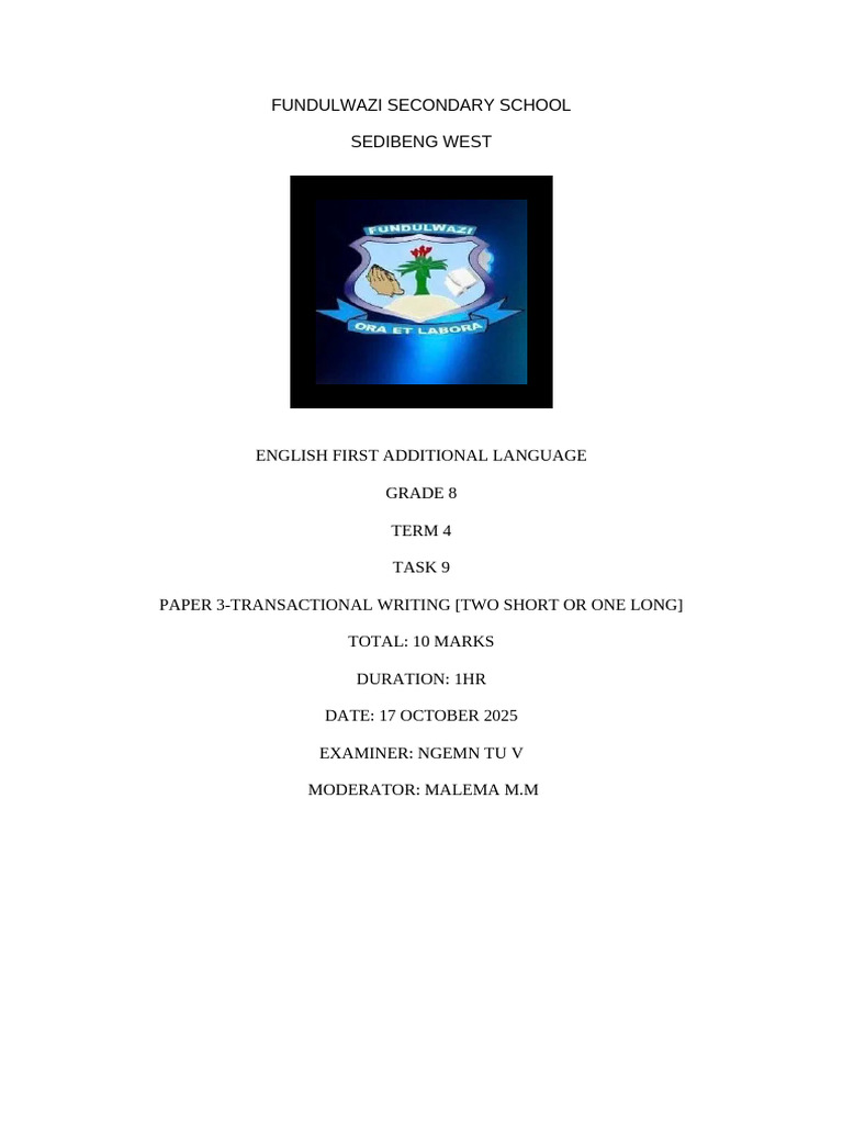 Grade 8 Term 4 Transactional Writing Tasks | PDF | Human Communication