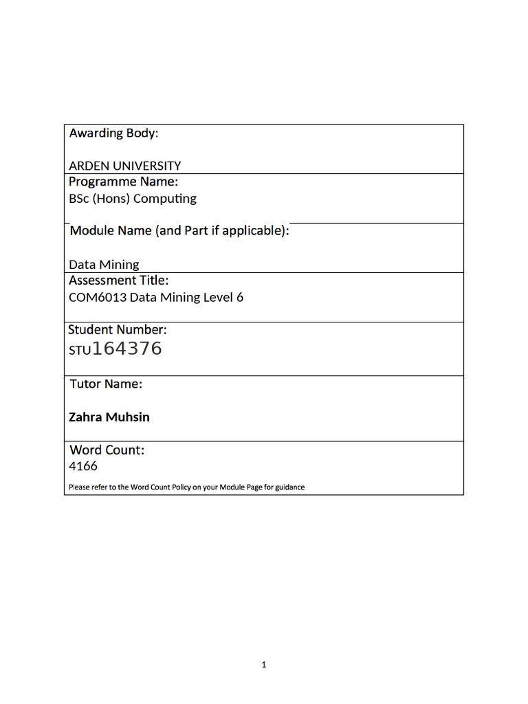 STU164376 COM6013 Data Mining | PDF | Cluster Analysis | Data Analysis