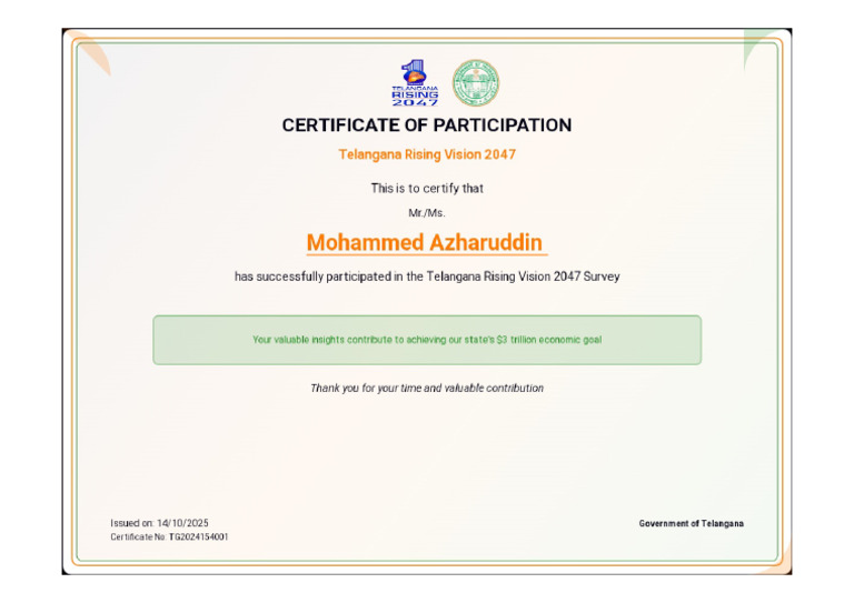 Telangana Rising 2047 Certificate Mohammed Azharuddin (4) | PDF