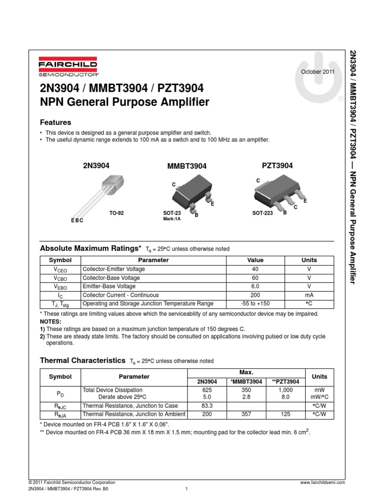 2N3904 Datasheet | Bipolar Junction Transistor | Amplifier