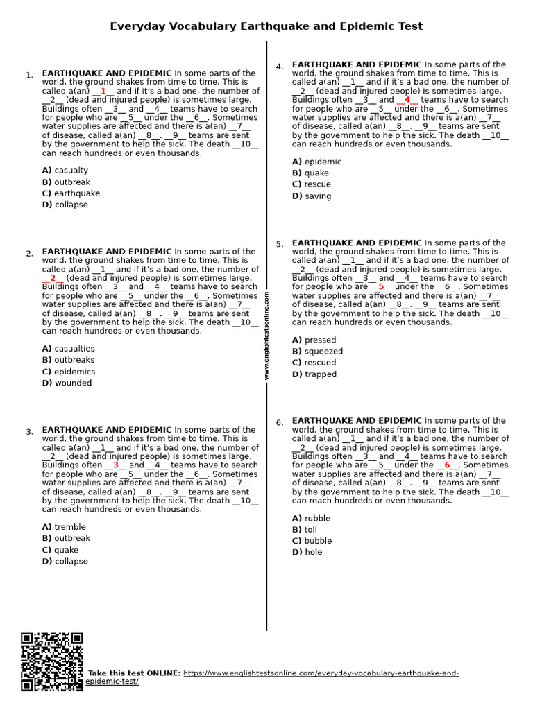 226 - Everyday Vocabulary Earthquake and Epidemic Test | PDF ...