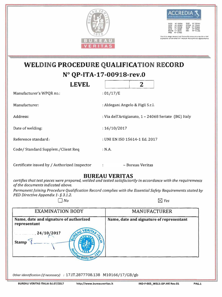 WPQR Procedura Saldatura Aldegani Bureau Veritas NoName-1 | PDF ...