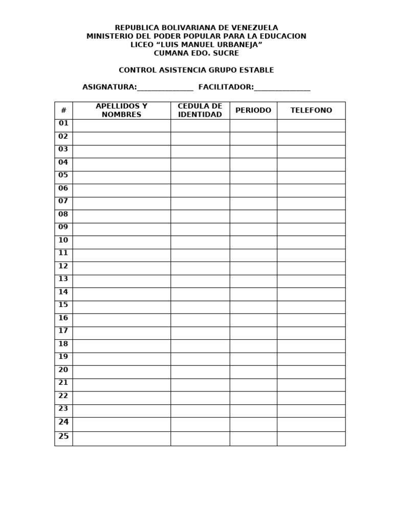 Control Asistencia Grupo Estable Luis Manuel Urbaneja | PDF