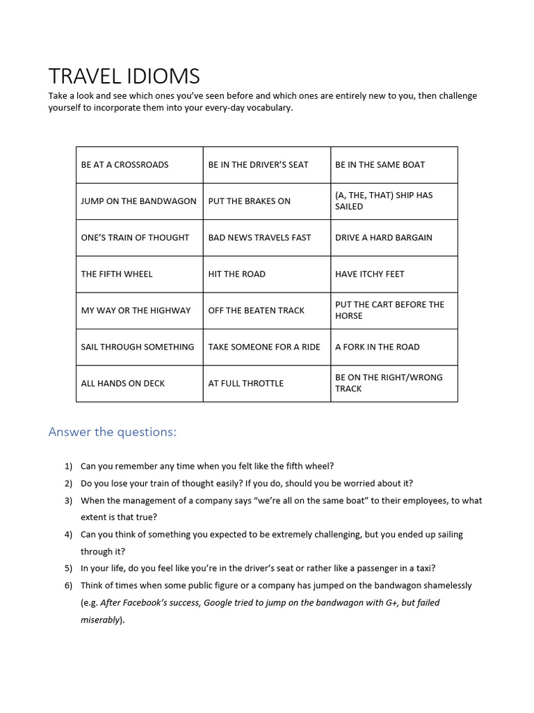 Essential Travel Idioms Explained | PDF